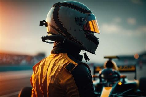 Piloto de corrida de fórmula 1 no capacete antes do início da