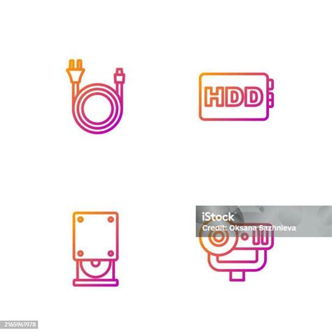 라인 웹 카메라 광 디스크 드라이브 전기 플러그 및 하드 디스크 Hdd를 설정합니다 그라디언트 색상 아이콘 벡터 Brand Name Online Messaging