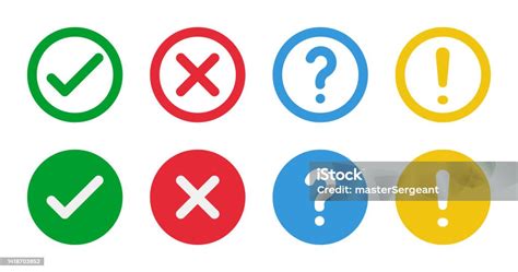 緑色のチェックマークと赤色の十字記号青色の疑問符と黄色の感嘆符丸い細い線ベクトル記号実線の円のアイコンセット チェックマークのベクター