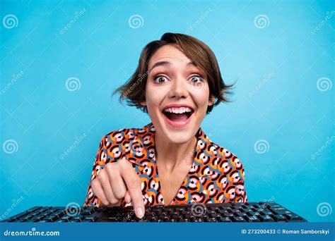Portrait Of Astonished Overjoyed Girl Open Mouth Finger Press Keyboard