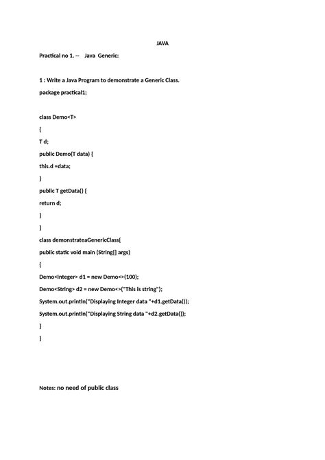 Sem1practicle Mca Note For Viva Java Practical No 1 Java Generic
