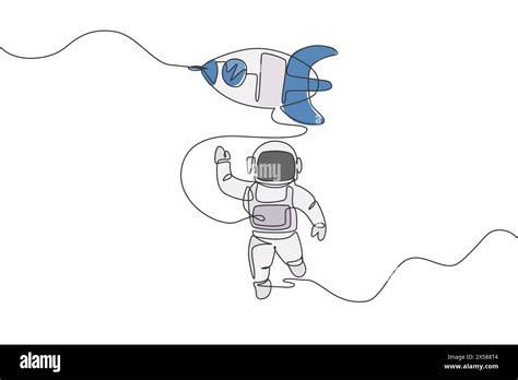 One Single Line Drawing Of Astronaut In Spacesuit Waving Hand And Discovering Deep Space With