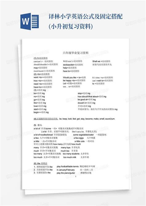 译林小学英语公式及固定搭配 小升初复习资料 Word模板下载 编号qzmpmnzw 熊猫办公
