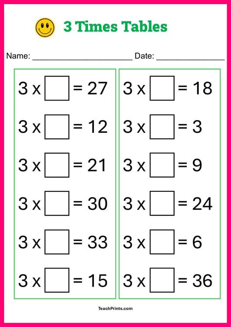 Free Three Times Tables Worksheets 8 Versions Teach Prints