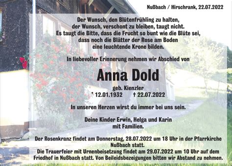Traueranzeigen Von Anna Dold Schwarzwälder Bote Trauer