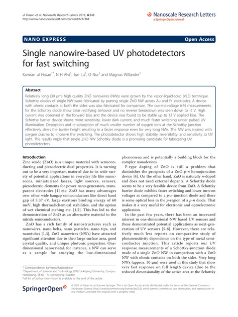 Full Article Single Nanowire Based Uv Photodetectors For Fast Switching