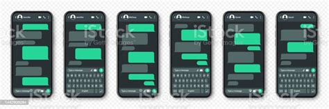메시징 응용 프로그램과 현실적인 스마트 폰 빈 Sms 텍스트 프레임입니다 녹색 메시지 거품이있는 대화 채팅 화면 소셜 미디어 응용 프로그램 다크 모드 벡터 일러스트 레이 션