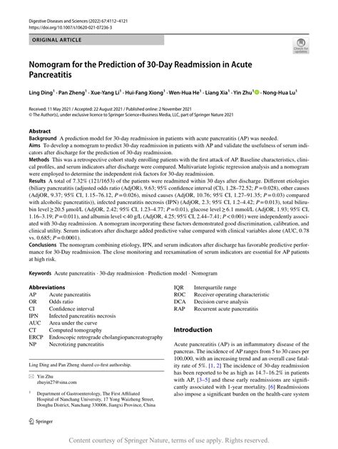Nomogram For The Prediction Of 30 Day Readmission In Acute Pancreatitis