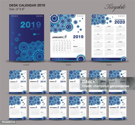 데스크 캘린더 2019 년 크기 6 X 8 인치 템플릿 파란 캘린더 2019 템플릿 12 개월 주 시작의 월요일 달력 전단 디자인 표지 서식 파일 벡터 크리에이 티브 광고