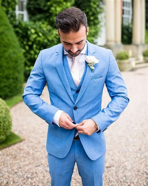 Latest Coat Pant Designs Light Blue Beach Wedding Men Suit Slim Fit 3
