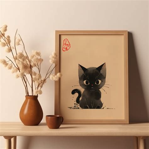 Japanese Cat Art Print Cute Black Cat Poster Woodblock Art Wall Decor