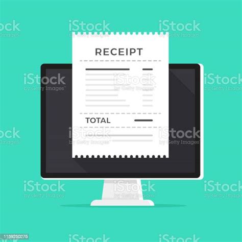 컴퓨터 화면에 영수증 벡터 그림입니다 플랫 디자인 디지털 송장 온라인 결제 전자 청구서 개념 아이콘에 대한 스톡 벡터 아트 및