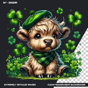 St Patrick Baby Highland Cow Clipart St Patricks Day PNG Watercolor Highland Calf For