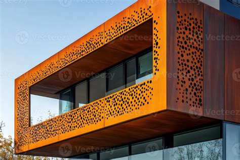 Modern Building Featuring A Balcony With Perforated Rusty Metal