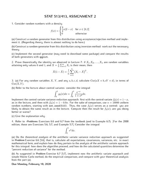 Ass2 Ass2 STAT 513 413 ASSIGNMENT 2 Consider Random Numbers With A