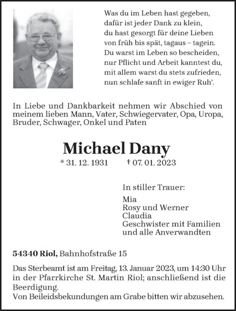 Traueranzeigen Von Michael Dany Volksfreund Trauer De