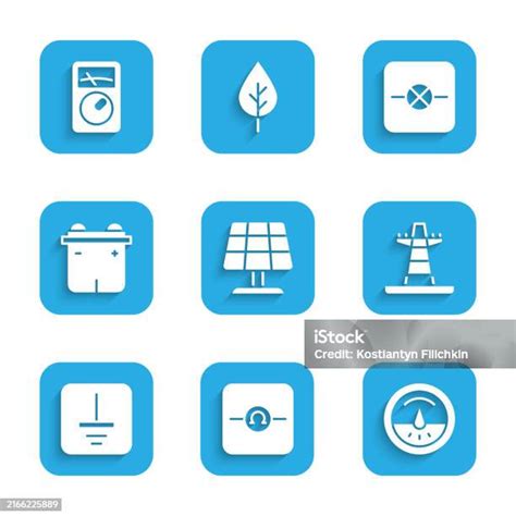 태양 에너지 패널 저항계 전기 타워 라인 전기 기호 접지 자동차 배터리 램프 전자 회로 및 암페어 멀티 미터 아이콘을 설정합니다 벡터 고압 전류 주의에 대한 스톡 벡터 아트