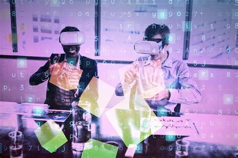 Premium Photo Digitally Generated Grey Cubes Floating Against Smiling Executives Using Virtual