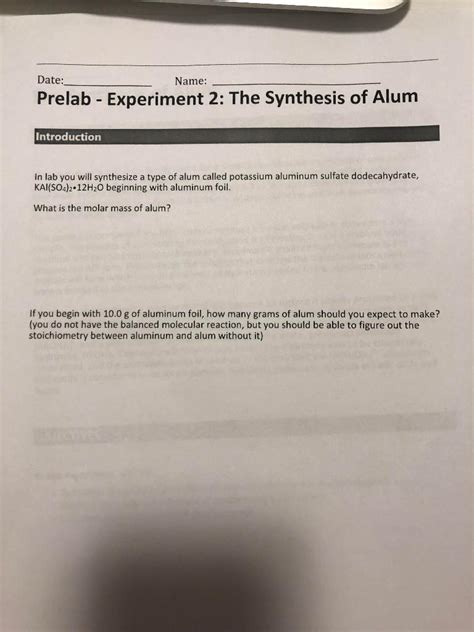 Solved Date Name Prelab Experiment 2 The Synthesis Of Chegg Com
