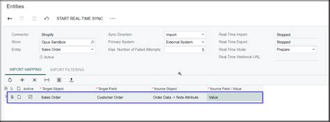 shopify connector how to sync note attributes values through mapping
