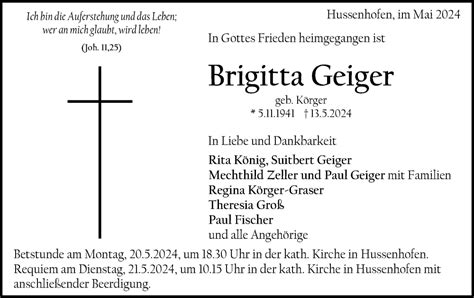 Traueranzeigen Von Brigitta Geiger OstalbTrauer