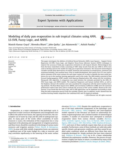Pdf Modeling Of Daily Pan Evaporation In Sub Tropical Climates Using Ann Ls Svr Fuzzy Logic