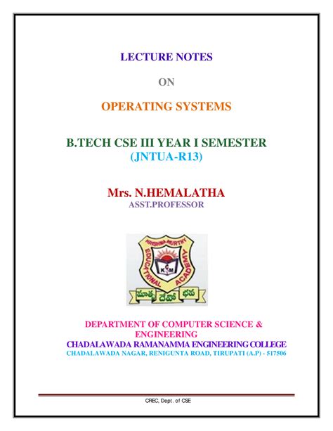 Lecture Notes On Operating Systems B Tec Crec Dept Of Cse Lecture