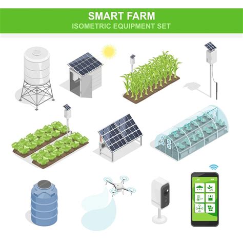 Premium Vector Smart Farm Iot Set Solar Cell Water Pump And Drone Farming System Equipment