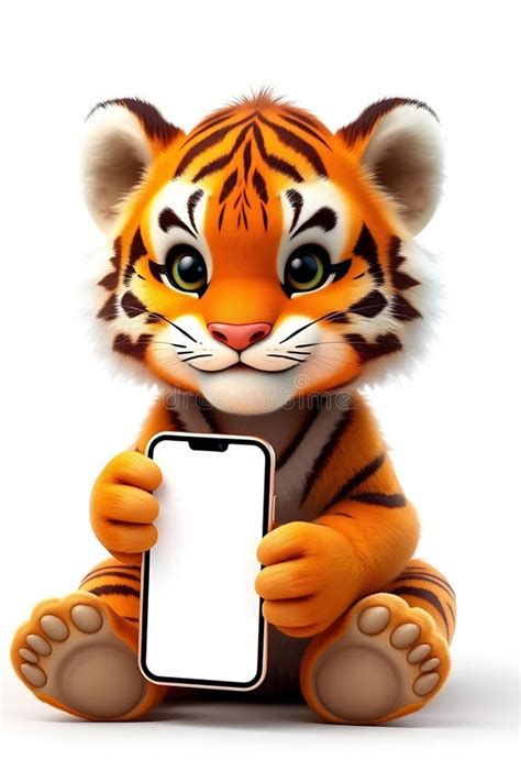 Surreal 3d Render Of A Cute Tiger Cub Holding A Smartphone With A Blank Screen Stock