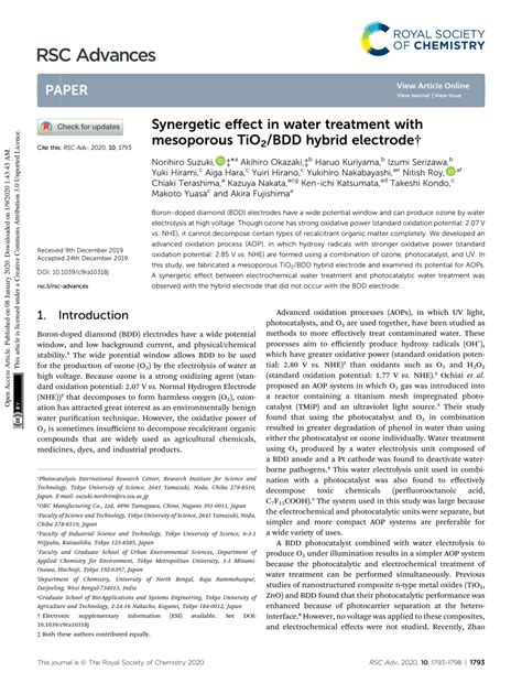 Pdf Synergetic Effect In Water Treatment With Mesoporous Tio 2 Bdd Hybrid Electrode