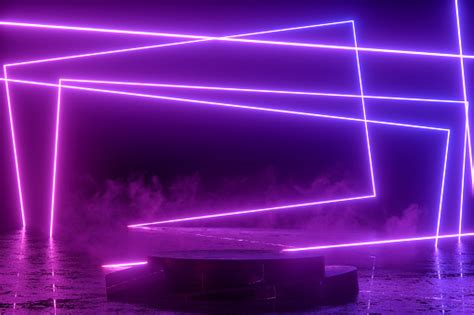 빈 제품 스탠드 연단 자외선 네온 레이저 빛나는 라인어두운 방에서 플랫폼 0명에 대한 스톡 사진 및 기타 이미지 0명 3