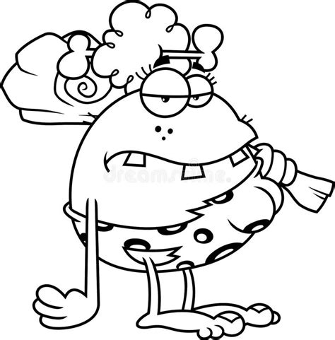 Outlined Toothy Caveman Cartoon Character With Club On His Shoulder