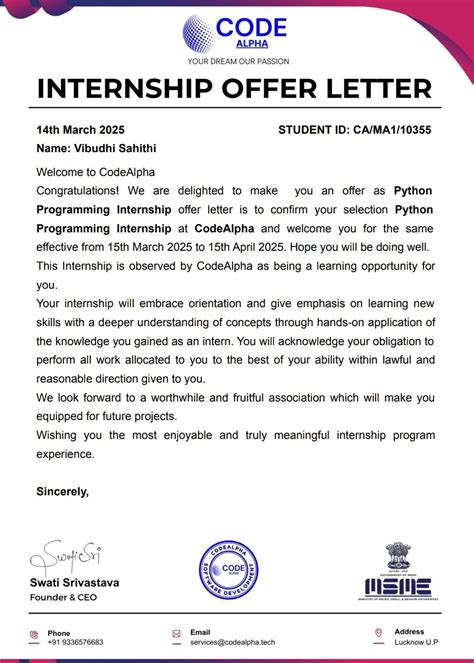 Codealpha Offerletter Internship Vibudhi Sahithi