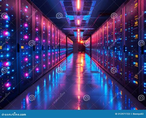 Long Hallway With Rows Of Servers A View Into A High Tech Data Center Shot Of Corridor In