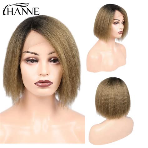 Hanne Kinky Straight Human Hair Short Bob Wigs Ombre 1b Brown Color