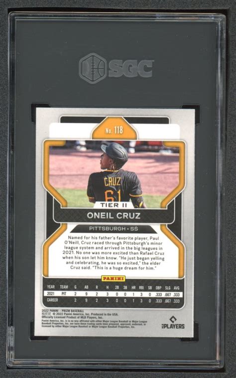Oneil Cruz 2022 Panini Prizm 118 T2 RC SGC 10 Pristine Auction