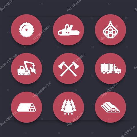 Logging Forestry Equipment Icons Sawmill Logging Truck Tree