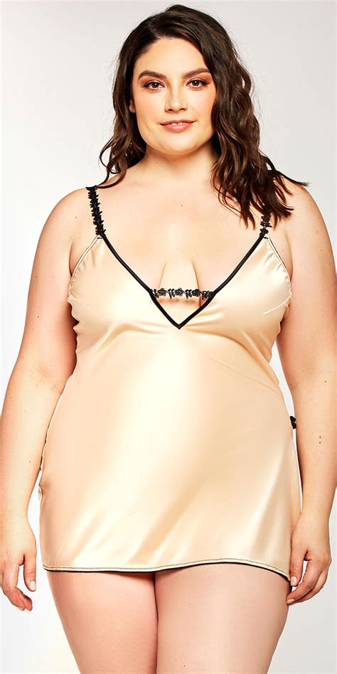 Plus Size Nude And Black Satin Lace Chemise Sexy Womens Lingerie