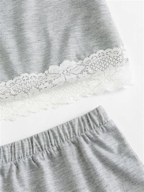 Lace Contrast Cami Top And Shorts Pj Set Short Pj Set Cami Tops Pj Sets