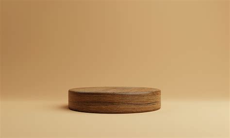 주황색 배경에 갈색 나무 둥근 실린더 제품 무대 연단 최소한의 패션 테마 지오메트리 전시 무대 모형 개념 그래픽 디자인을 렌더링하는 3d 일러스트레이션 목재 재료에 대한