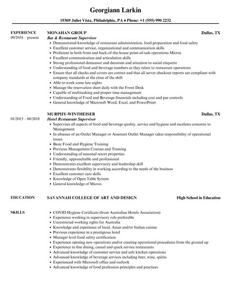 Restaurant Supervisor Resume Samples Velvet Jobs