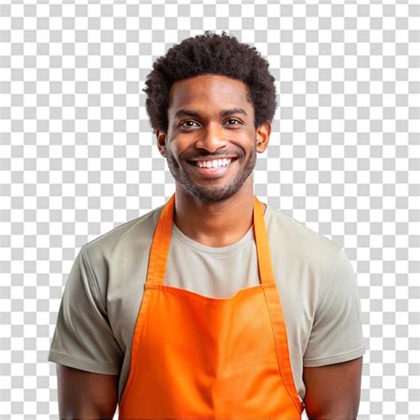 Premium Psd Happy Barista Pointing Finger Left And Smiling Wearing