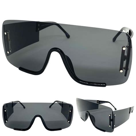 Oversized Modern Retro Shield Wrap Style Sunglasses Large Black Frame