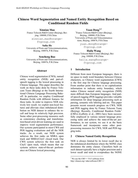 Pdf Chinese Word Segmentation And Named Entity Recognition Based On Conditional Random Fields