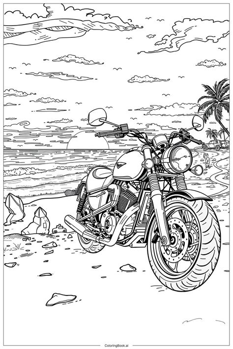 오토바이 해변 석양 색칠하기 페이지 무료 Pdfandpng 인쇄 가능