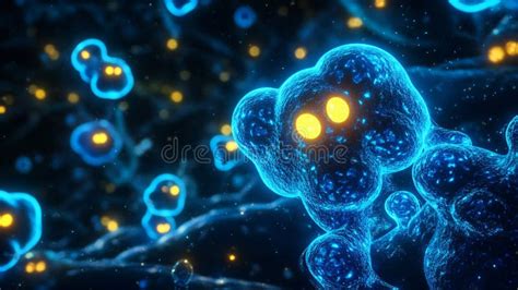 Abstract Microscopic Cells Glowing Blue And Yellow High Quality Image