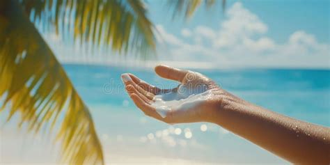 Sun Protection On A Tropical Beach Woman Applying Sunscreen In