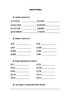 Basic Decimals Worksheet To Go With Rules For Solving Decimal Problems