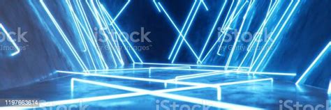 네온 빛이있는 추상적 인 파란색 인테리어 또는 복도 형광 미래 지향적 인 건축 배경 내부 공간을 조명 네온 램프의 3d 그림 디자인 프로젝트를 위한 모형 실내에 대한 스톡