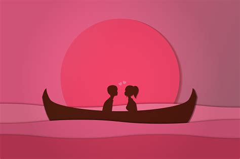 바다 한가운데에 보트에 앉아 연 인과 석양 종이 아트 커플 허니문 발렌타인 데가 데이트 벡터 일러스트 레이 션을가지고 공예에